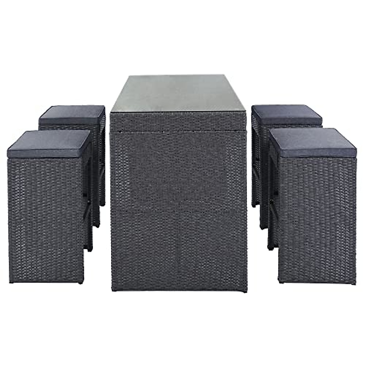 5-Piece Outdoor Patio Wicker Bar Set, Garden PE Rattan Wicker Dining Table, Square Stool Set, Glass Tabletop, High-Dining Bistro Set with 4 Stools and 1 Wood Table (Grey2-5PCS)