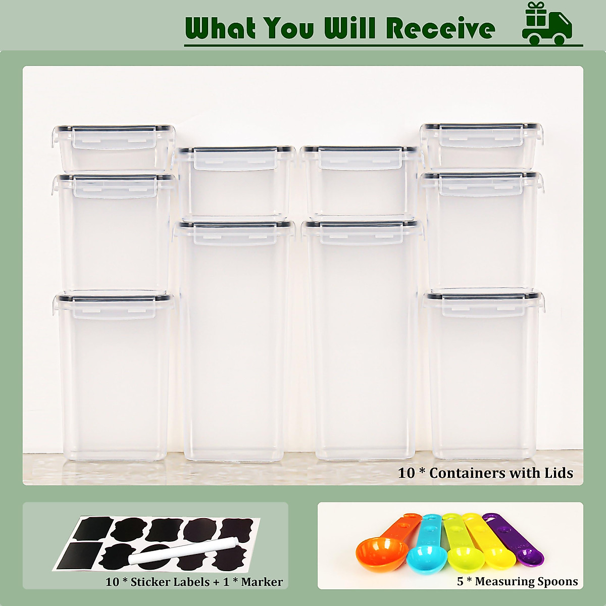 Airtight Food Storage Containers with Lids Set 10 Pack, Clear Plastic Pantry & Kitchen Organizers and Storage for Cereal Flour Pasta Snacks Sugar & Dry Food, BPA Free, with multiple Labels & Spoons