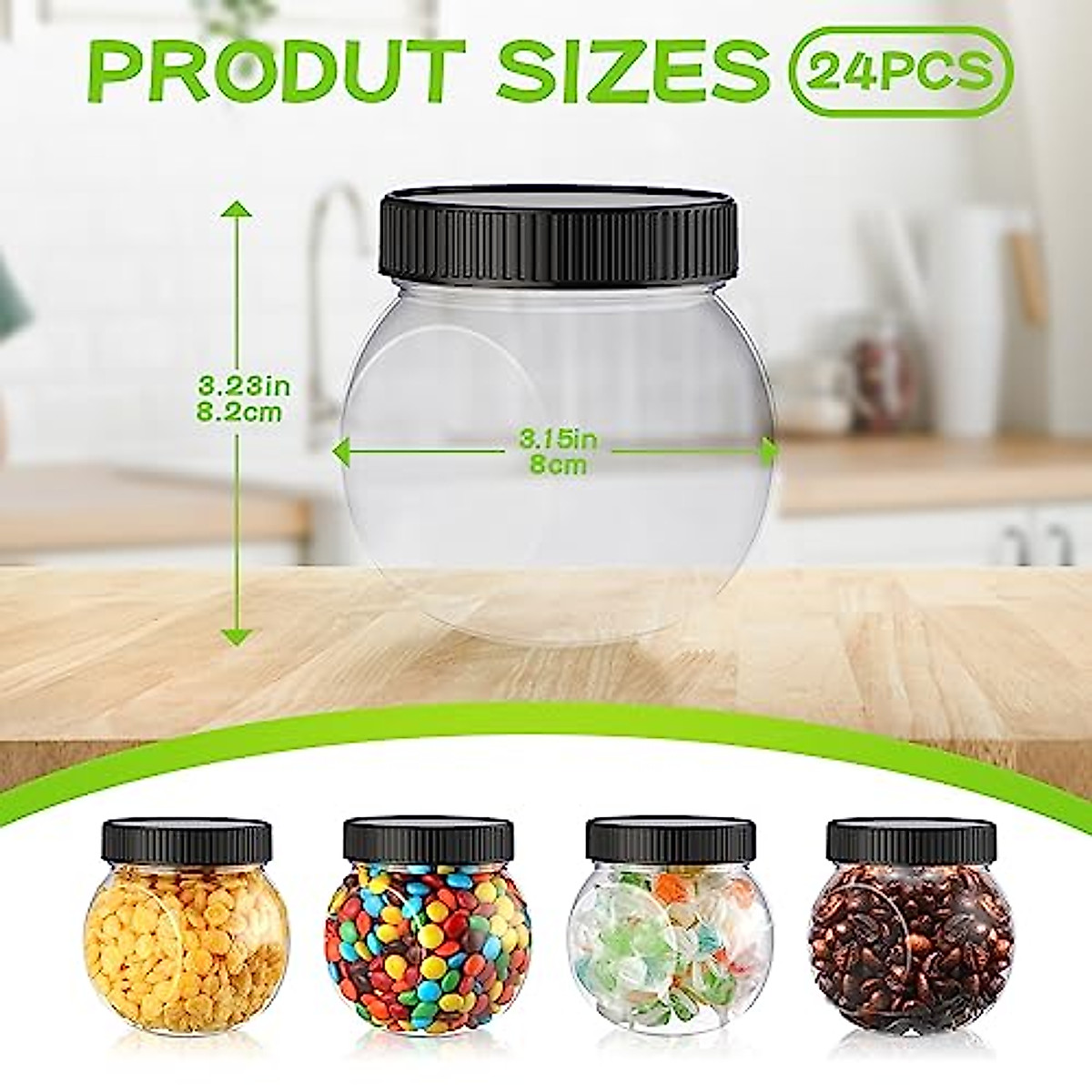 Tradder 24 Pcs Plastic Candy Jars with Lids 8.5 oz Side Cookie Jar Bulk Kitchen Counter Clear Cookie Container Wide Mouth Candy Storage Jars for Candy Buffet Table Coffee Canister Party Laundry Holder