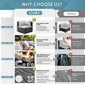 RADIATA PE Wicker Patio Furniture Set Sectional High Back Large Size Sofa Sets with Propane Fire Pit Table 55000 BTU Balcony Rattan Lounge Conversation Sets for Outdoor (7 Pieces,Light Gray)