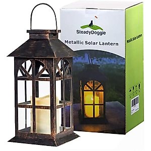 Solar Lantern Outdoor Classic Decor Bronze Antique Metal and Glass Construction Mission Solar Garden Lantern Indoor and Outdoor Solar Hanging Lantern, Entirely Solar Powered Lantern of Low Maintenance