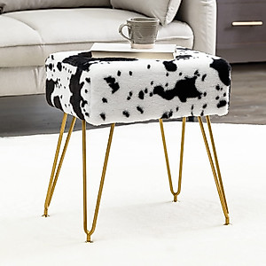 LUE BONA Modern Mink Square Footstool Vanity Bench, Cow Print Furry Faux Fur Stool with Gold Legs, Comfy Vanity Chair Ottoman Bench, Makeup Stools for Vanity, Fluffy Footrest for Bedroom, Living Room