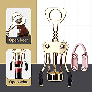 Drincarier Wine Opener, Zinc Alloy Premium Wing Corkscrew Wine Bottle Opener with Multifunctional Bottles Opener, Upgrade (Gold Opener With Foil Cutter)