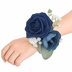 Rinlong 6Pcs Navy Blue Wrist Corsage Wedding Homecoming Prom Corsages Royal Blue Flower Corsage Wristlet