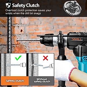 SHALL 1-1/4 Inch SDS Plus Heavy Duty Rotary Hammer Drill, 1500W Rotomartillo, 6 Variable Speeds, Flat Chisel, Point Chisel and 3 Drill Bits Included, for Drilling, Hammering, Chiseling, 0-950 RPM