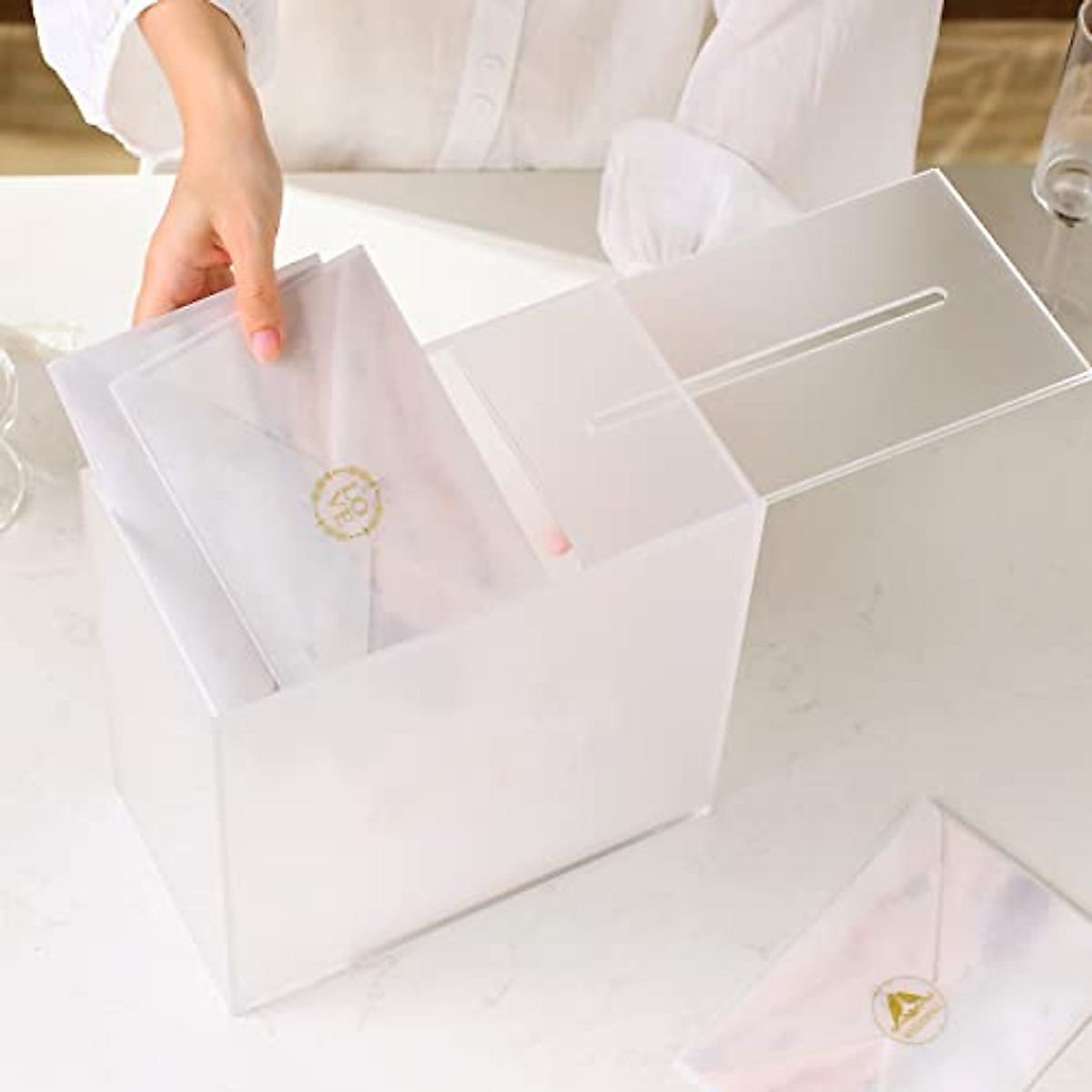 UNIQOOO Frosted Acrylic Wedding Card Box with Slot, Thick DIY Large 10x10x5.5 inch w/ No Print, Wedding Receptions Wishing Well Money Box, Birthday, Memory Box