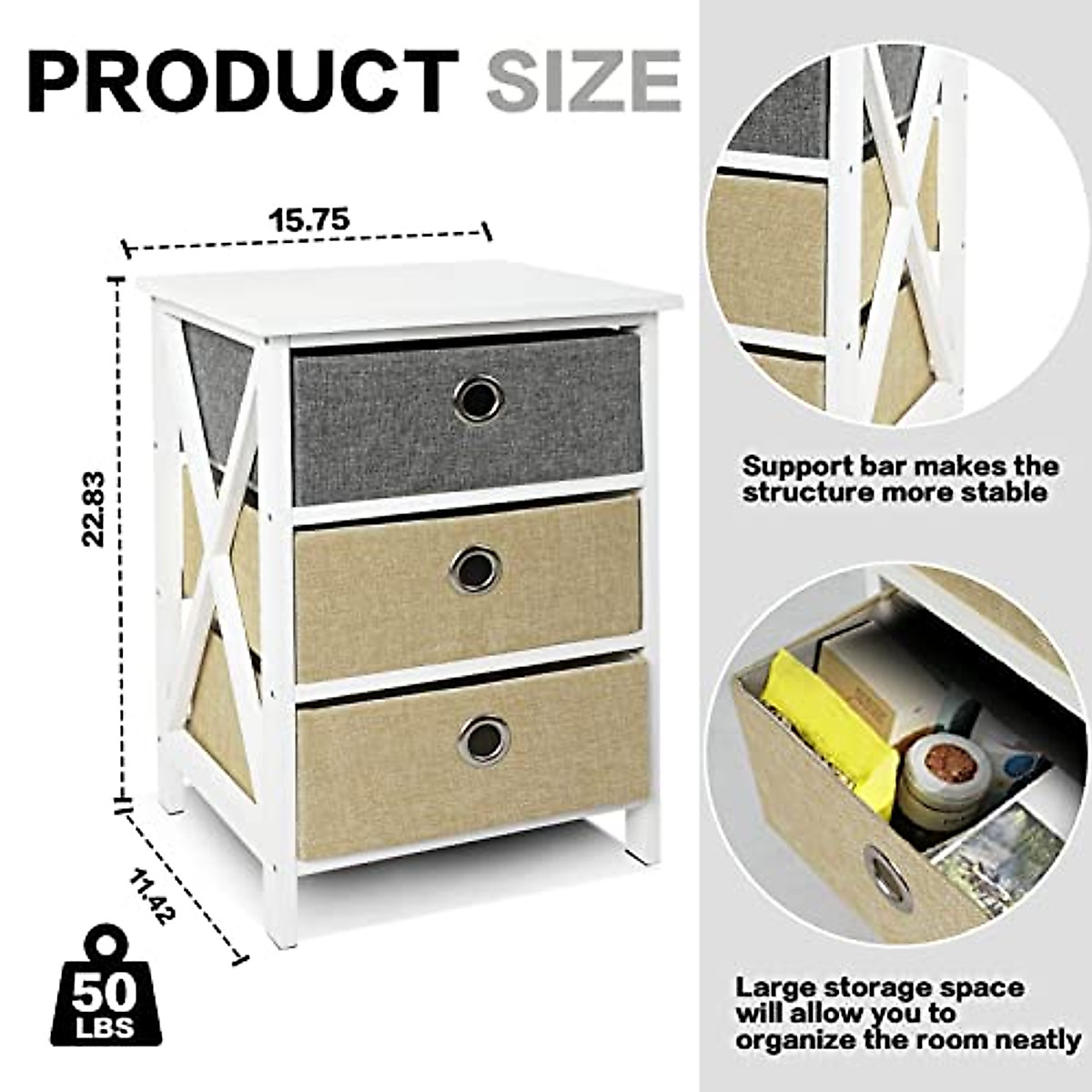 ECOMEX Nightstand Set of 2, Nightstand with 3 Drawers, Small Nightstand with Storage Drawers, Bedside Table with Fabric Bins, Wood Frame, Easy Assembly, White