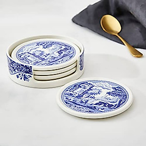 Spode Blue Italian Coasters for Drinks | Set of 4 | Ceramic Coasters and Holder | Tabletop Protection | Housewarming or Birthday Gift | Round (Blue/White)