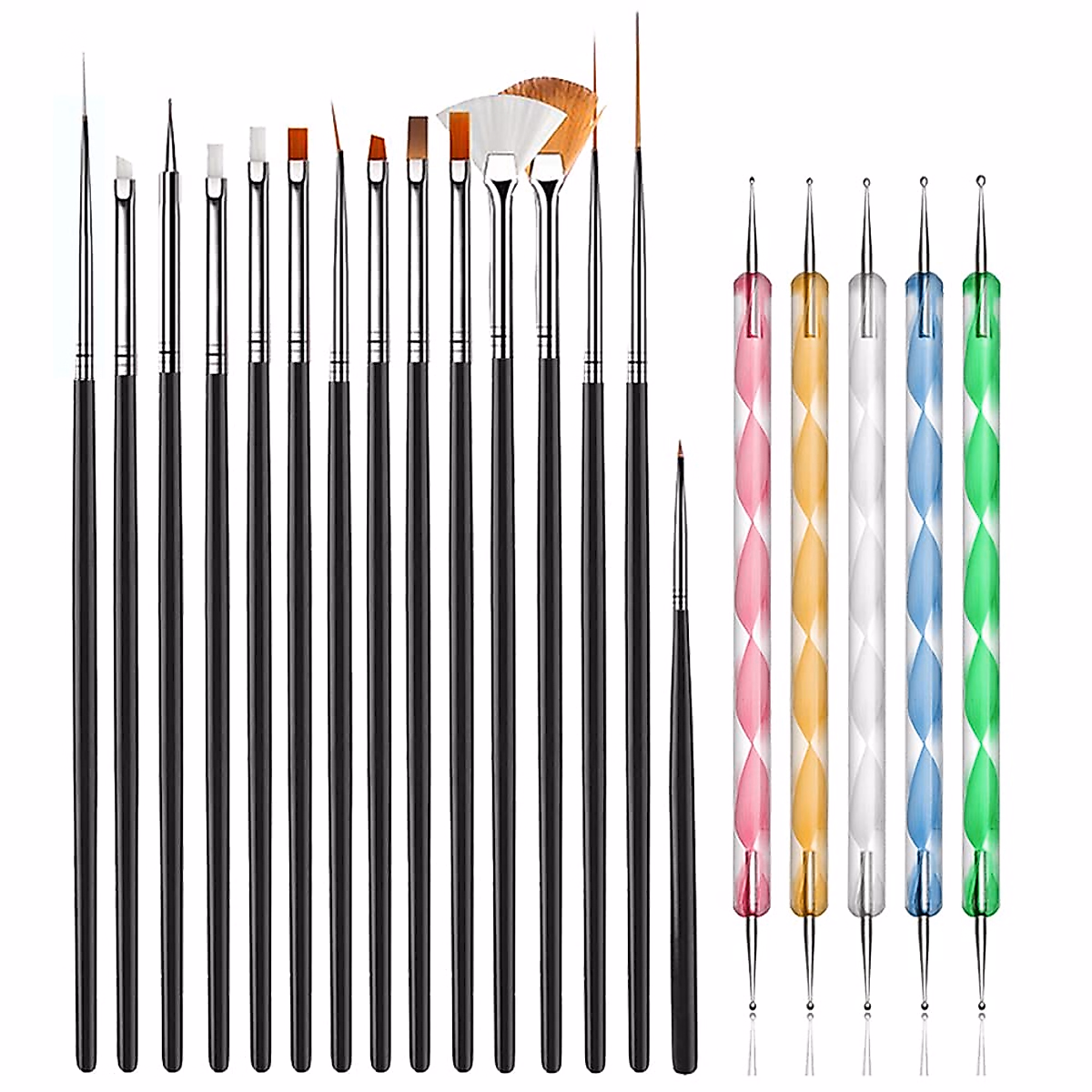 JOYJULY 20pcs Nail Art Design Tools, 15pcs Painting Brushes Set with 5pcs Dotting Pens, BLACK …