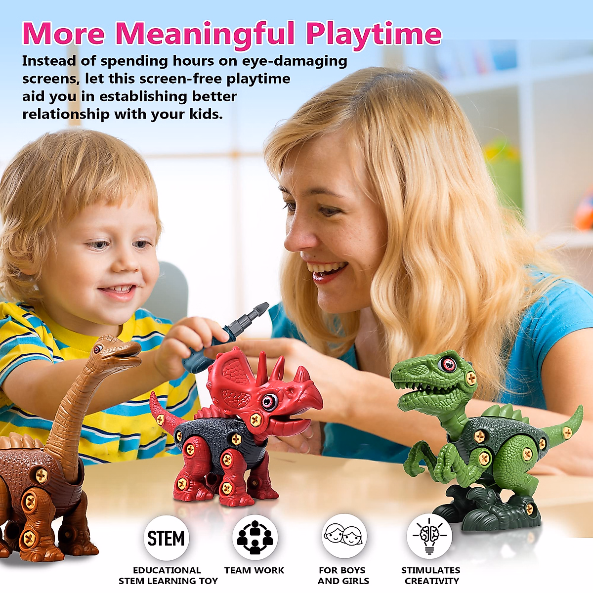 Ben and Bro Dinosaur Toys for Kids 3-5 6 7 8 Years Old, Take Apart Dinosaur Toys for Boys and Girls, STEM Construction Dinosaur Building Kit for Kids with Electric Drill Tool, Great Gift Pack of 3