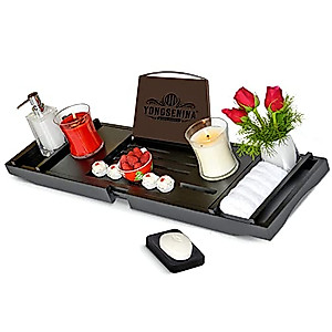 Luxury Bamboo Bathtub Caddy Tray, Yongsenina Premium 1 or 2 Person Bath Tray for Tub, Bath Tub Table with Wine Slots and Bath Book Holder Free Soap Dish - Black