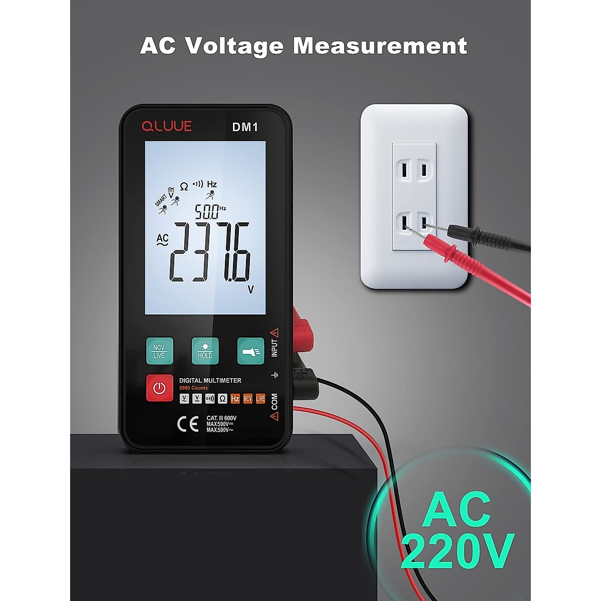 QLUUE Digital Multimeter, 5999 Counts Multimeter with Smart Mode, NCV Test, DC/AC Voltmeter Tests Voltage, Resistance, Frequency, Continuity and Live Cables, Multi Tester for Household, Automotive