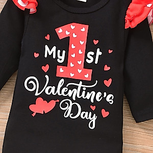 HINTINA Infant Baby Girl My First Valentine's Day Outfits Ruffles Long Sleeve Romper Heart Pants Headband Clothes Set(Black, 3-6M