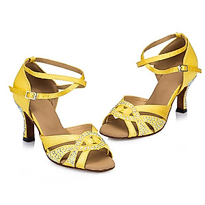 TDA Womens Ankle Strap Peep Toe Crystals Yellow Satin Latin Modern Salsa Tango Ballroom Wedding Dance Shoes 8.5 M US