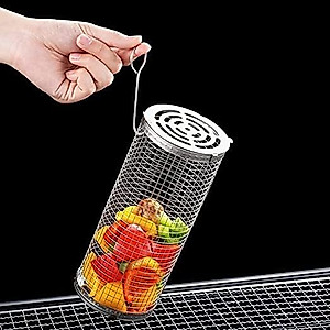 Grill Basket 2 PCS Rolling Grilling Baskets for Outdoor Grilling,Bbq Grill Grilling Basket Cylinder.Barbeque Stainless Steel Accessories for Fish, Shrimp, Meat, Vegetables, Fries (11.8 inch*2)