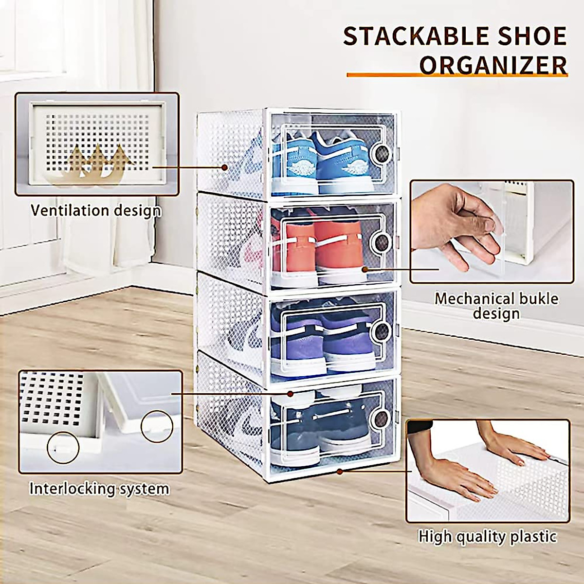 Shoe Storage Box 12 Pack Clear Plastic Foldable Shoe Rack Bin Sneaker Container Stackable Shoe Shelf Case Shoes Organizer for Closet Organizador de Zapatos (12boxes white medium)