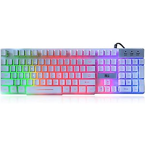 Rii RK100+ White Gaming Keyboard,USB Wired Multiple Colors Rainbow LED Backlit Large Size Mechanical Feeling Ultra-Slim Multimedia Office Keyboard Non-Slip for Primer Gaming and Working,Office Device