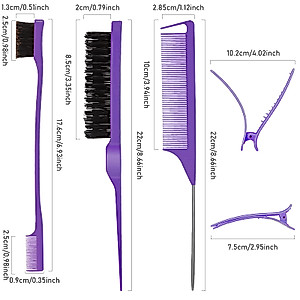 Remerry Nylon Hair Brush Set for Women & Girls, 12 Pieces Including 3 Row Salon Teasing Brushes, Double Sided Hair Edge Brush, Rat Tail Combs, Duckbill Clips - Purple