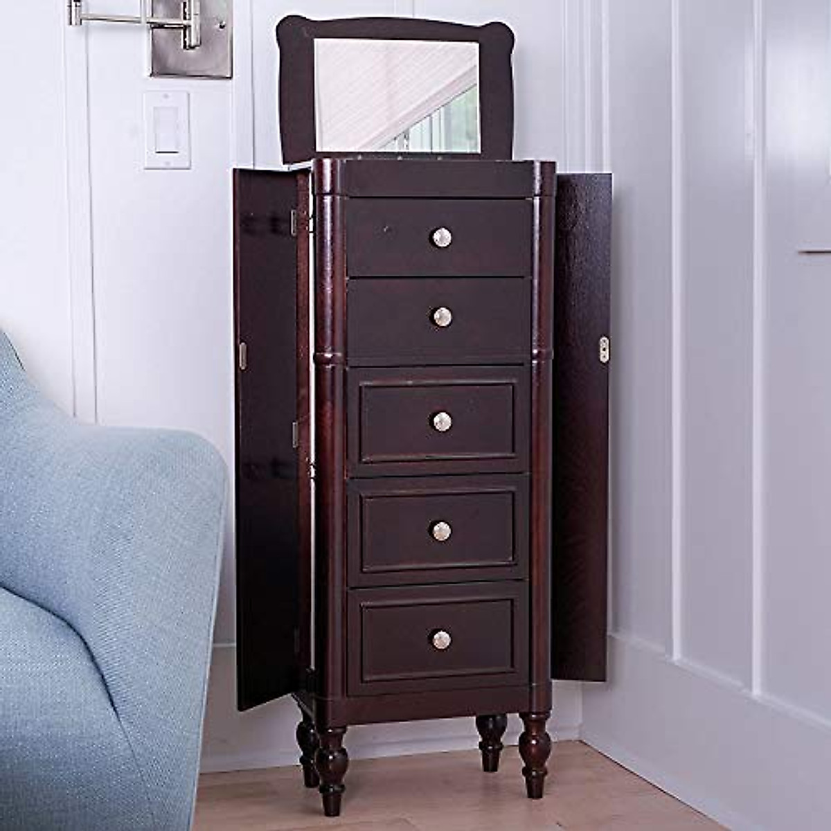 Hives and Honey Scarlett Jewelry Armoire - Elegant Storage Organizer for Your Precious Pieces | Solid Wood, Mirrored Lid | Anti-Tarnish Felt Lining | Espresso Finish