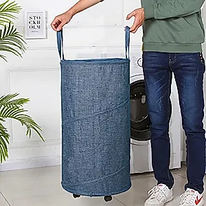 Viviphanhy Collapsible Laundry Baskets Dorm Pop Up Laundry Hamper Oxford Cloth Cylinder With Wheels Handles (Blue)