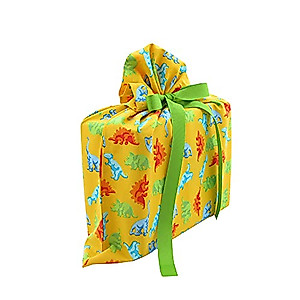 VZWraps Dinosaurs Reusable Fabric Gift Bag for Birthday, Baby Shower or Any Occasion (Yellow, Medium 17 Inches Wide by 18 Inches High)