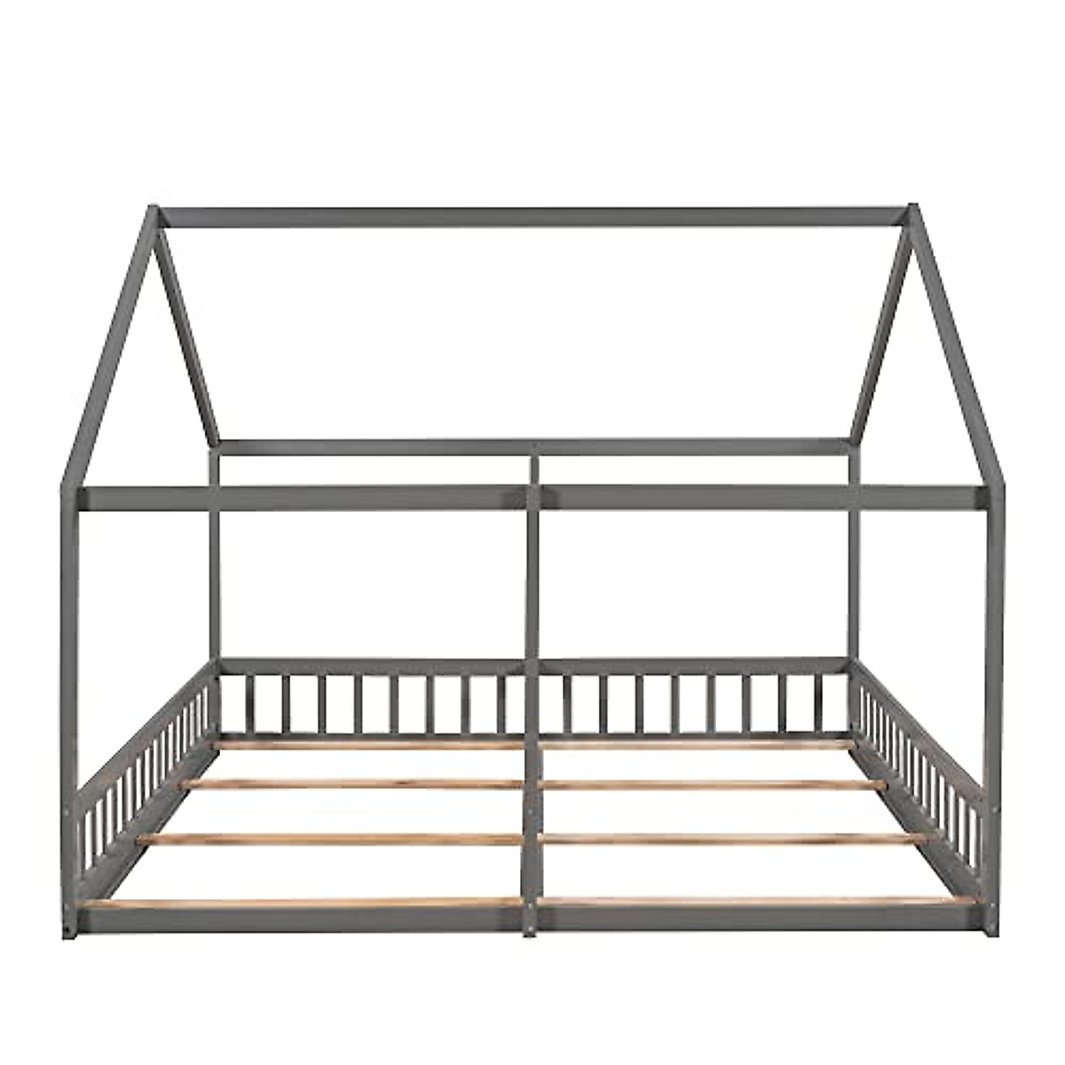 Merax Double Twin Kids House Shaped Low Platform Beds, Wood Floor Bed Frame for Boys, Girls, No Box Spring Needed Easy Assemble (Twin,Grey