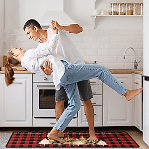 Bencailor 2 Pcs Christmas Kitchen Rugs and Mats Set of 2 Red Black Buffalo Plaid Merry Christmas Xmas Trees Floor Mat Non Slip Checkered Doormat Home Holiday Kitchen Decor, 17 x 30 Inch, 17 x 47 Inch