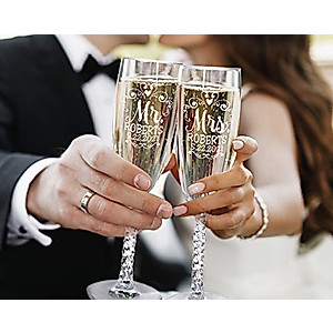 Mr Mrs Wedding Reception Celebration Twisty Stem Champagne Glasses Set of 2 Couples Newlywed Married Groom Bride Husband Wife Anniversary Engraved CLEAR Flute Glass Favors (Personalized)