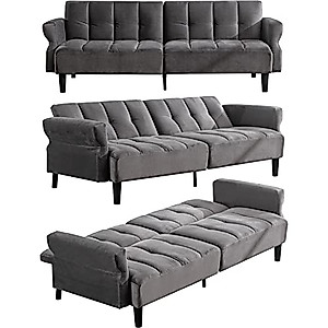 Mjkone Modern Futon Sofa Bed, Velvet Loveseat Sleeper Sofa Bed with Adjustable Backrest, Futon Couches for Living Room, Folding Bed Futons with Adjustable Armrests - Light Gray