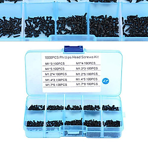 1000pcs Screws, M1 M1.2 M1.4 M1.7 Stainless Steel Cross Drive Pan Head Self Tapping Screws Kit with Box for Machine Woodworking Fastener