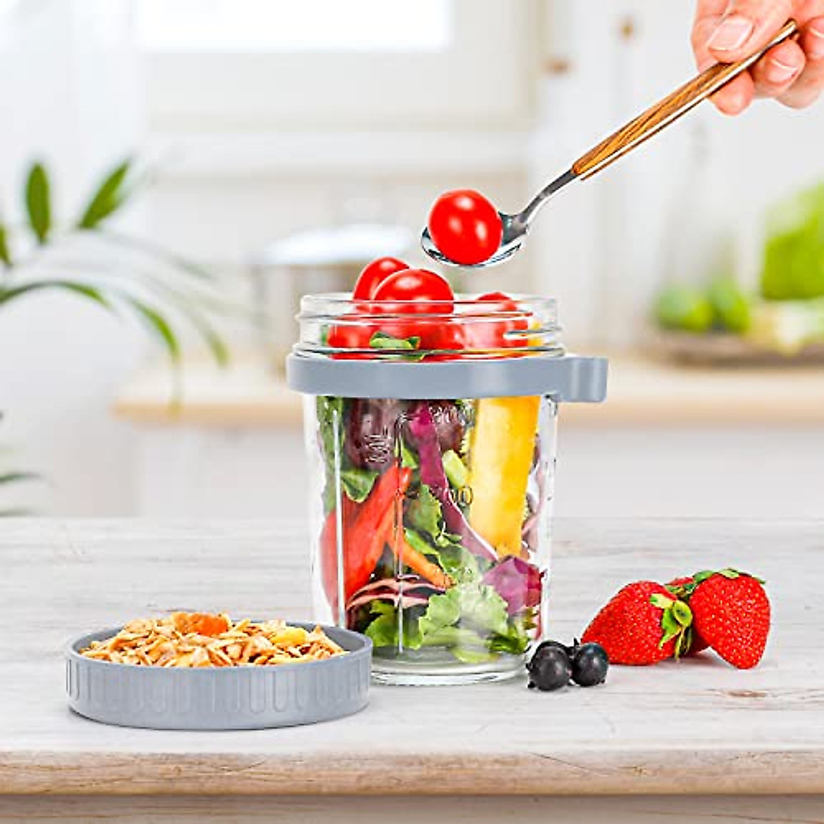 Overnight Oats Jars with Spoon and Lid 16 oz [2 Pack], Airtight Oatmeal Container with Measurement Marks, Mason Jars with Lid for Cereal On The Go Container (2pcs grey)