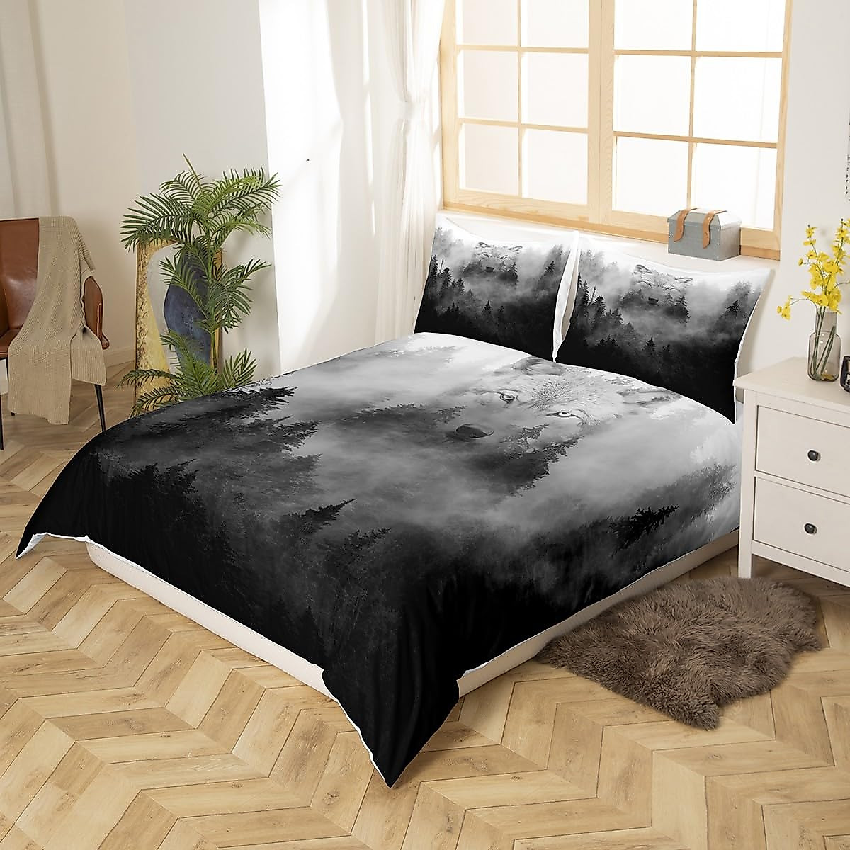 Castle Fairy Wolf Printed Bedding Set,Misty Woods Duvet Cover for Kids Teen Boys Girls,Natural Landscape Comforter Cover Decorative Room,Wild Animals Quilt Cover with 2 Pillowcases,King Size