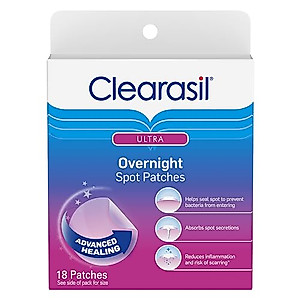 Clearasil Overnight Spot Patches, Advanced Healing Hydrocolloid Acne Pimple Treatment, Blemish Spot Stickers for Face, 18 count
