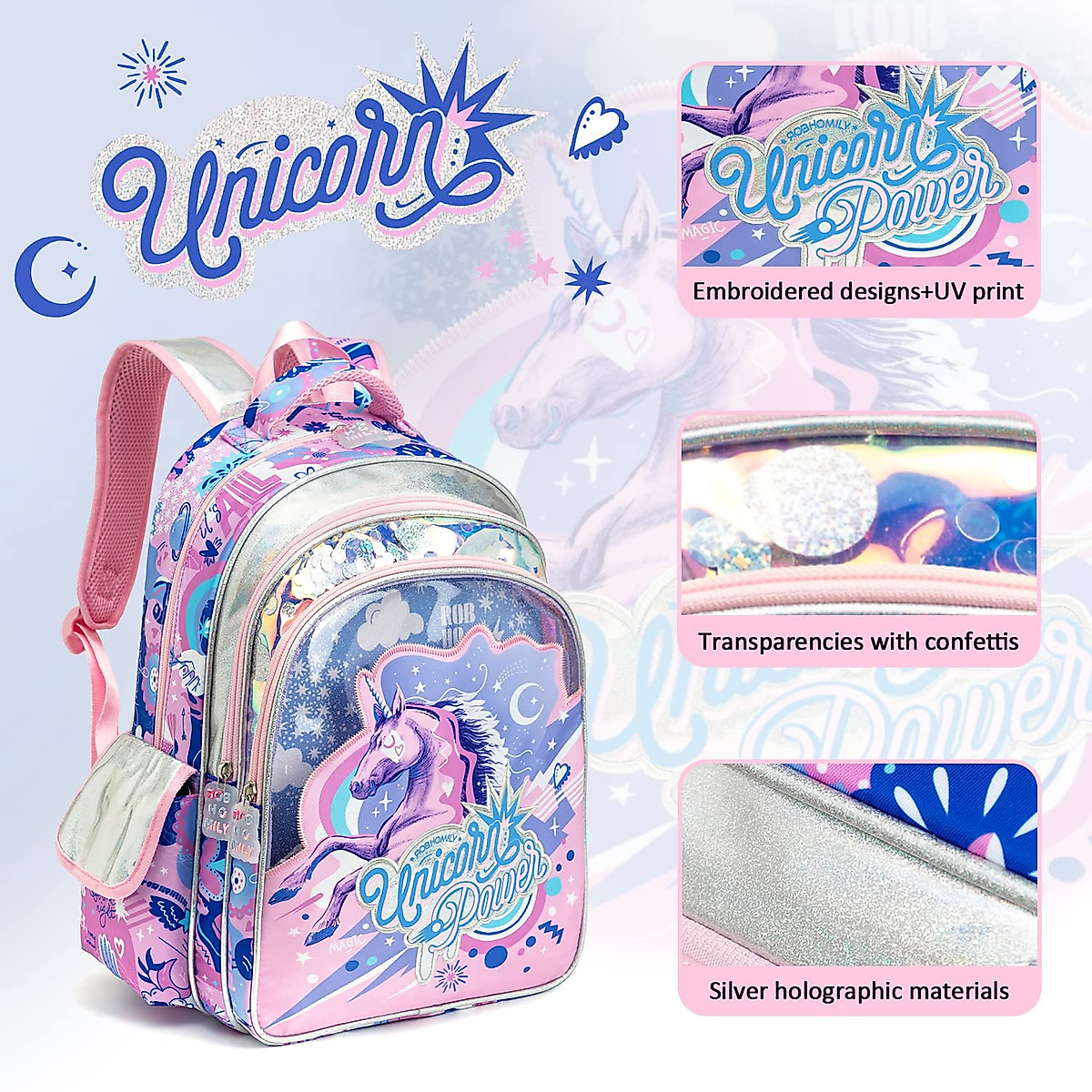 Robhomily Girls Backpack Kids Backpacks for Girls in Preschool Kindergarten Elementary School,Cute Unicorn Backpack for Girls 4-8 Lightweight Kawaii School Backpack 16 inch