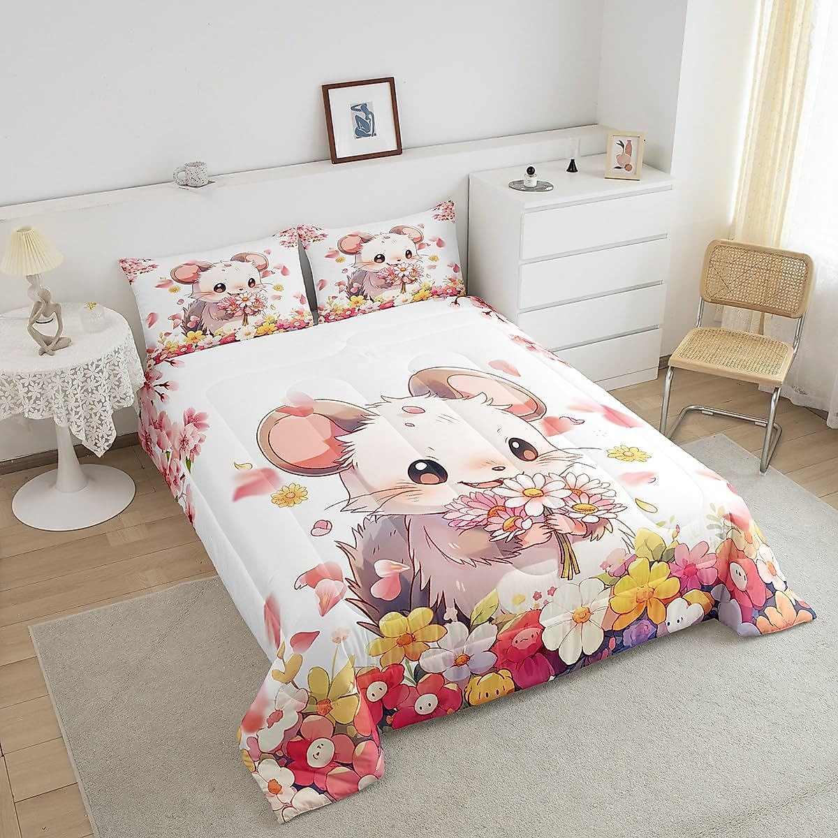 Erosebridal Cartoon Hamster Comforter Set for Girls Boys Children Cute Pet Animal Bedding 2 Pieces Lovely Rodent Animal Bedding Comforter Sets Pet Mouse Pattern Duvet Set Twin Size