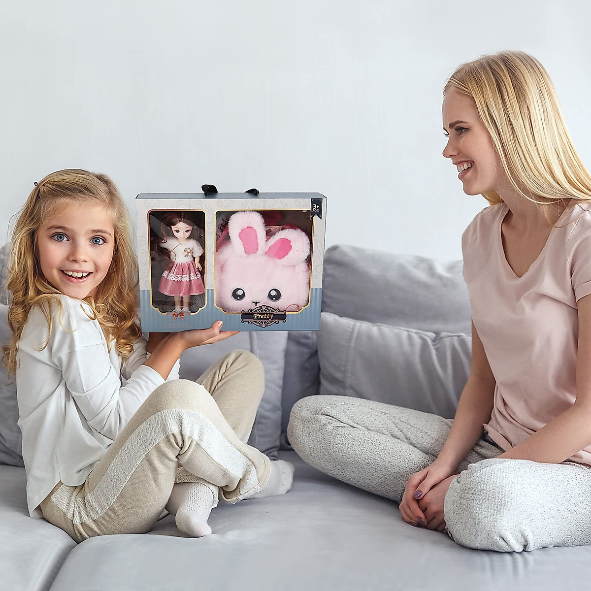 deAO Rabbit Bunny Plush Bag with 11.5" Fashion Doll, Cute Animal Backpack Cosmetic Purse Storage Bag, Doll with Fashion Plush Clothes Playset, Adjustable Strap Pink Fluffy Bunny Handbags for Girls