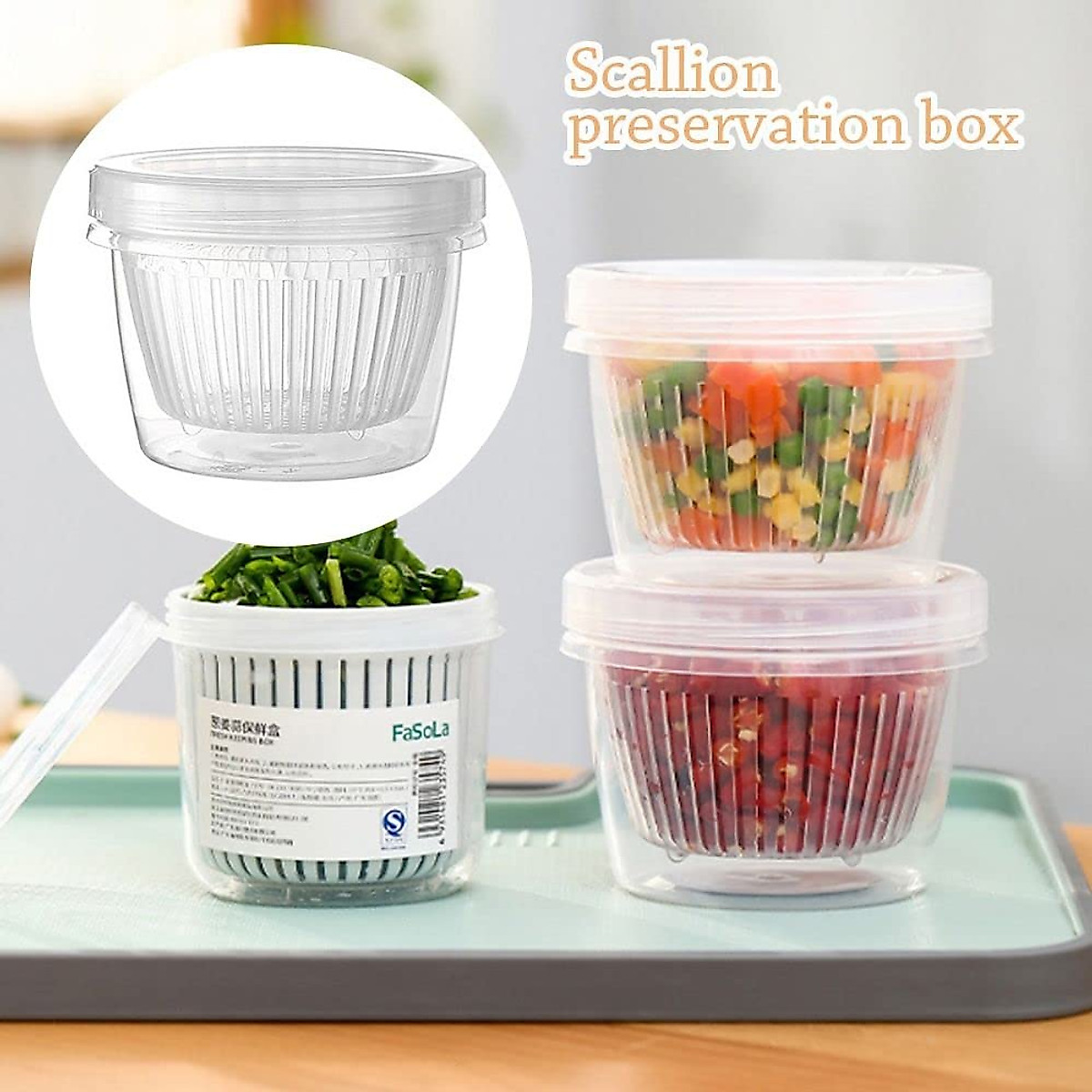 gofidin 4 Pcs Vegetable Storage Box, Ginger Garlic Onion Keep Fresh Container with Drain Basket Double Layer Plastic Transparent Food Drainage Sealing Box