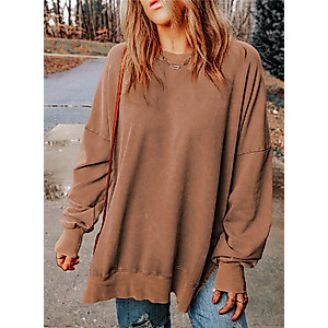 SHEWIN Womens Sweatshirt Casual Long Sleeve Crew Neck Loose Fleece Pullover Tops Lightweight Soft Fall Oversized Sweatshirts for Women,US 16-18(XL),Brown