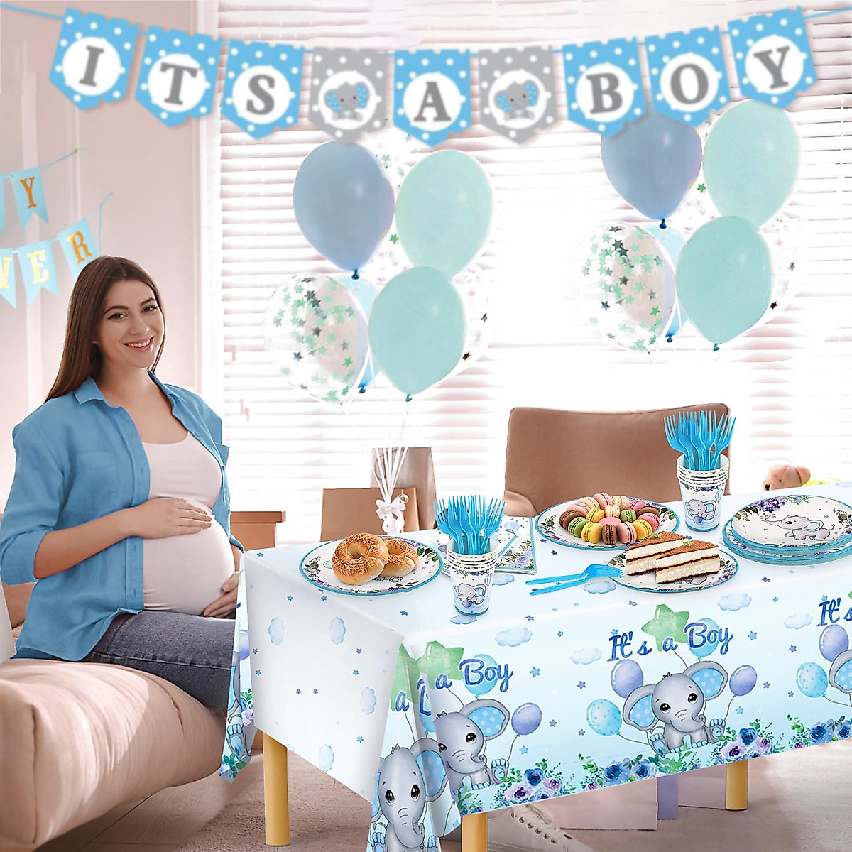 121Pcs Elephant Baby Shower Decorations Baby Shower Decorations Boy Includes Paper Plate, Napkins, Cups, Forks, Tablecloth, Elephant Theme Party Supplies for 24 Guests