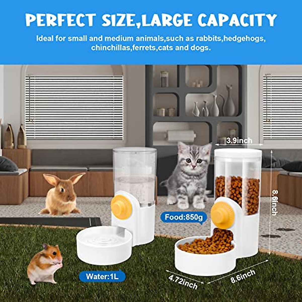 Jspupifip 35oz Rabbit Automatic Food Water Dispenser,Hanging Pet Food Water Dispenser Cage Automatic Feeder Set for Small Cats Dogs Rabbit Chinchilla Guinea Pig Hedgehog Ferret(White)
