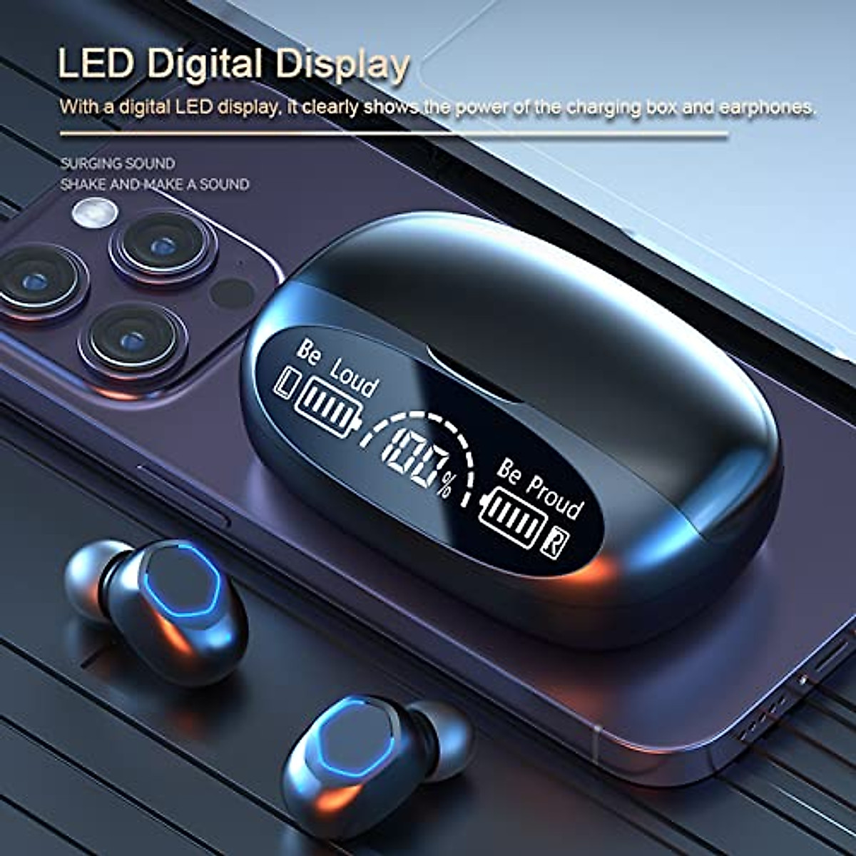 PMOPDSNNE Wireless Earbuds Bluetooth 5.3 True Wireless Headphones with LED Display Charging Case IPX7 Waterproof USB-C Button Control Powerful Bass in Ear Earphones One-Step Pairing Headset