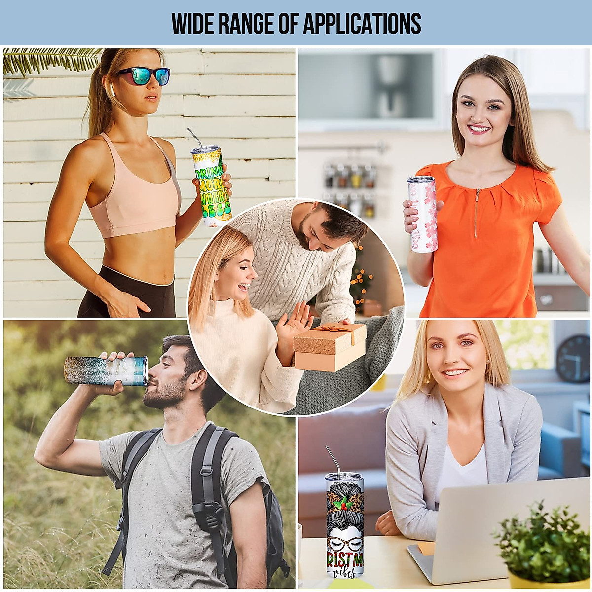 Sublimation Tumblers bulk 20 OZ Skinny Stainless Steel Double Wall Insulated Straight Sublimation Cups 16 Pack Blanks White Tumbler with Lid,Straw,Heat Resistant Tape&Shrink Sleeves,Individually Boxed