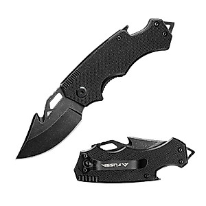 FLISSA Mini Folding Pocket Knife, 2.5-Inch Stainless Steel Drop Point Blade, EDC Pocket Knives for Men with Bottle Opener and Glass Breaker (Black)
