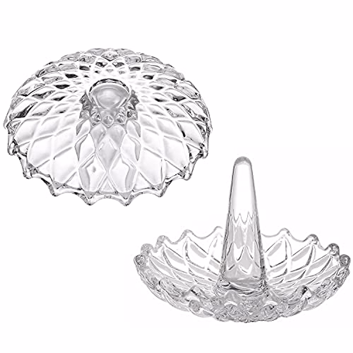 MyGift Clear Glass Ring Cone with Tray, Engagement Wedding Ring Holder with Round Starburst Design, Small Jewelry Ring Dish, Set of 2