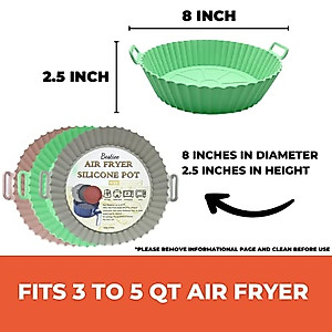 Bestiee 3-Pks Reusable Air Fryer Liners with Mitten | Fits for 3 to 7 QT | 8" Round Thick Non-Stick Food Grade Air Fryer Silicone Liners | Non-Flammable Air Fryer Liners Reusable | Green,Pink,Gray