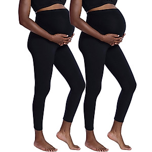 Motherhood Maternity Women's Essential Stretch Full Length Secret Fit Over The Belly Pregnancy Legging, Black/Black 2 Pack, Large