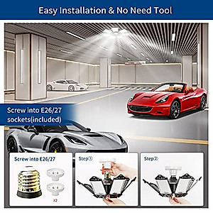 SILIVN 2 Pack LED Garage Lights, 180W Ultra Bright Deformable LED Garage Ceiling Lights with 7 Adjustable Panels, 15000LM E26/E27 LED Shop Lights for Garage, Workshop, Basement, Attic