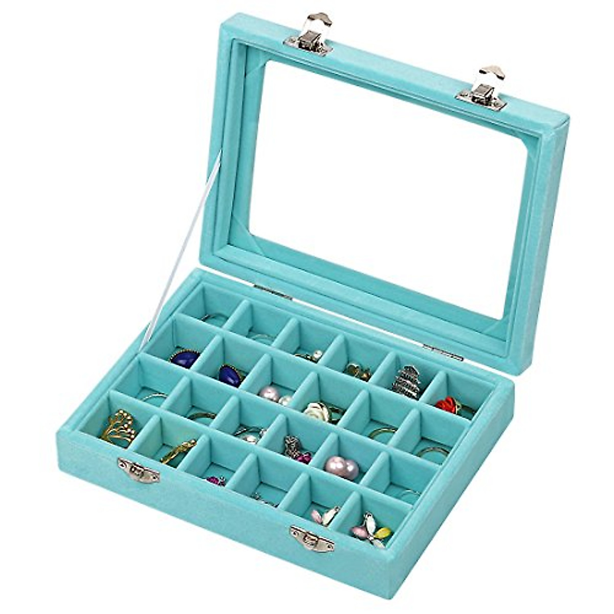 Ivosmart Velvet Glass Jewelry Ring Display Organiser Box Tray Holder Earrings Storage Case (Light Blue)