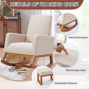 YOLENY Rocking Chair with Footstool, Upholstered Nursery Glider Rocker, Modern Accent Rocking Lounge Chair, Comfy High Back, Linen Armchair,Beige