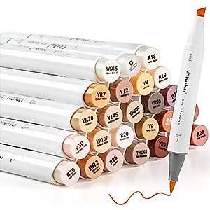 Ohuhu Skin Tone Alcohol Markers Brush Tip - Double Tipped Skin Color Markers for Artist Adults' Coloring Illustration - 24 Portrait Skin Colors w/ 1 Alcohol Based Blender, Chisel & Brush - Honolulu